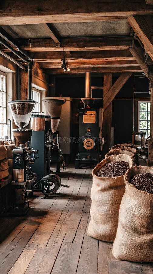 A Rustic Coffee Roastery with Burlap Sacks of Beans and Roasting Stock ...