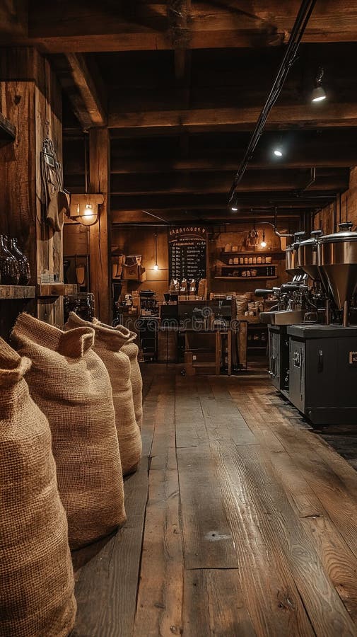 A Rustic Coffee Roastery with Burlap Sacks of Beans and Roasting Stock ...
