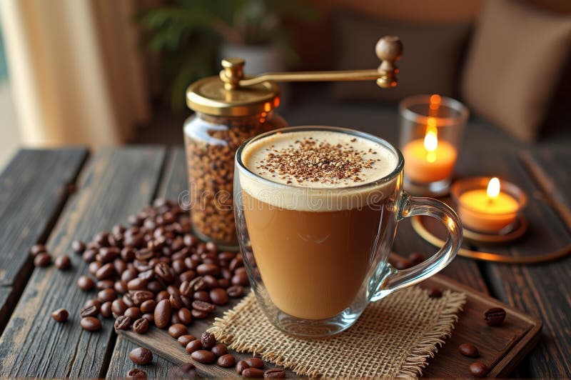 Rustic Coffee Setting with Fresh Brew and Beans on Wooden Table Stock ...