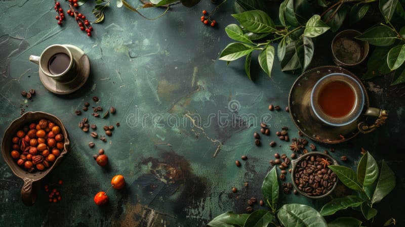 Rustic Coffee Setup with Beans and Cup on Green Background Stock Image ...