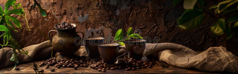Rustic Coffee Setup with Beans and Cups Stock Image - Image of cups ...