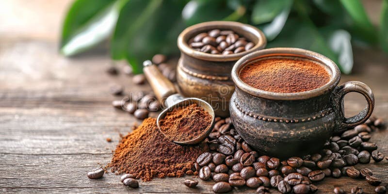 Rustic Coffee Setup with Ground Coffee, Beans, and Traditional Clay ...