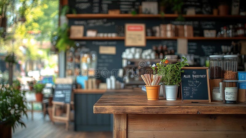 Rustic Coffee Shop Counter with Plants, Menu, and Coffee Supplies Stock ...