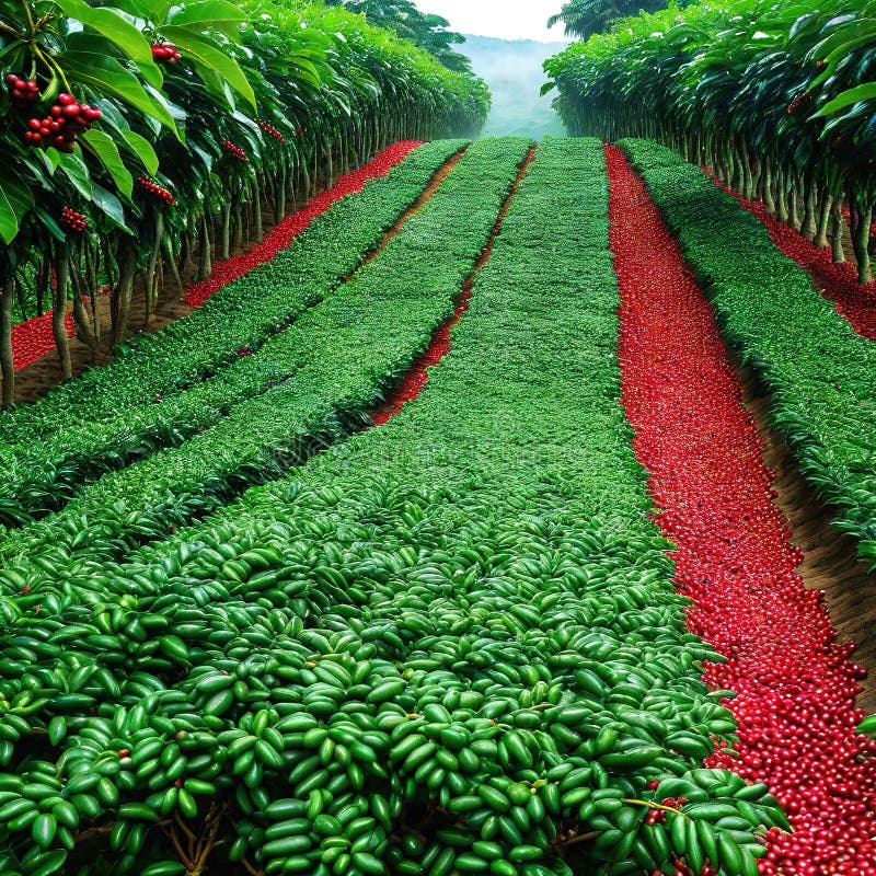 A Rustic Coffee Showcasing Rows of Green Coffee with Red Coffee ...