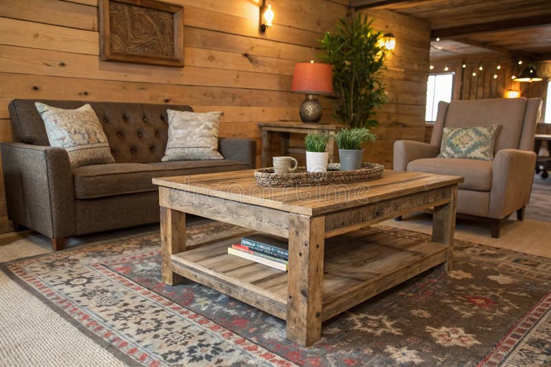 Rustic Coffee Table and Cozy Lounge Space with Wooden Walls Stock Photo ...