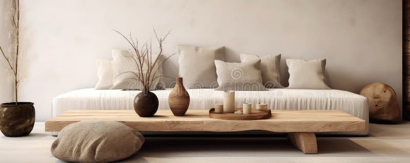 Rustic Coffee Table in Modern Scandinavian Living Room Stock ...