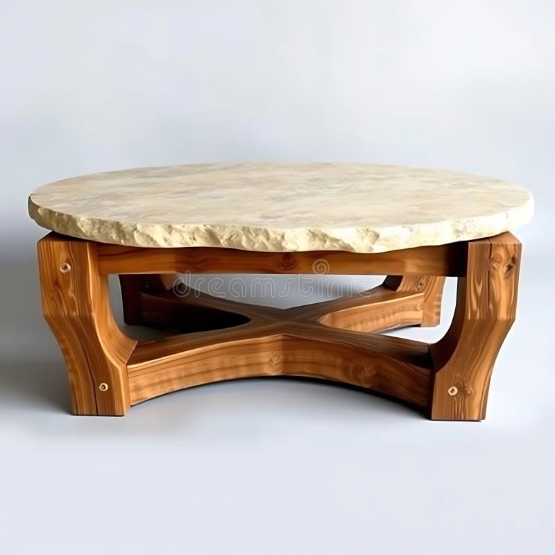A Rustic Coffee Table with a Thick Stone Top and Sturdy Wood Base Stock ...