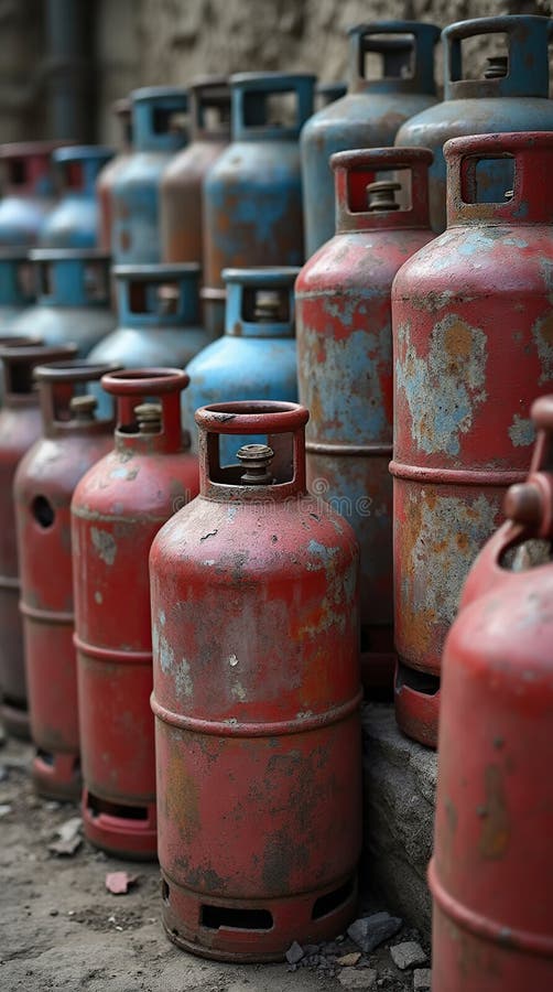 Rustic Collection of Weathered LPG Gas Cylinders Stacked Outdoors for ...