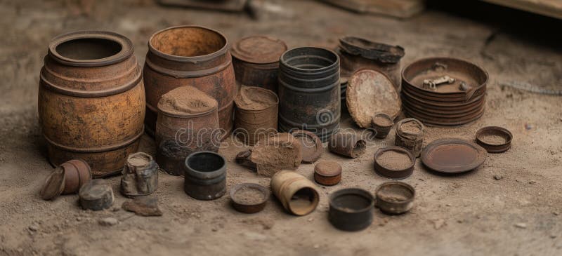 Rustic Collection of Worn Out Wheels and Oil Barrels in a Dusty ...