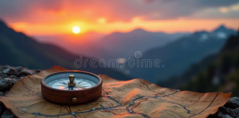 Rustic Compass Atop Weathered Map; Vibrant Mountain Sunset Backdrop ...