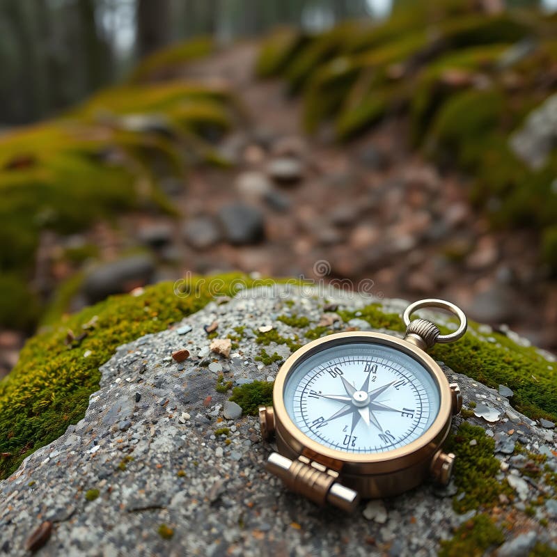 A Rustic Compass Lying on a Mossy Rock beside a Hiking Trail Stock ...
