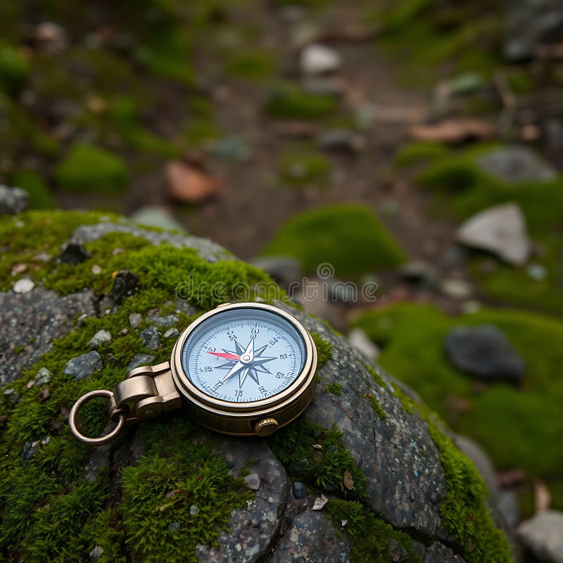 A Rustic Compass Lying on a Mossy Rock beside a Hiking Trail Stock ...