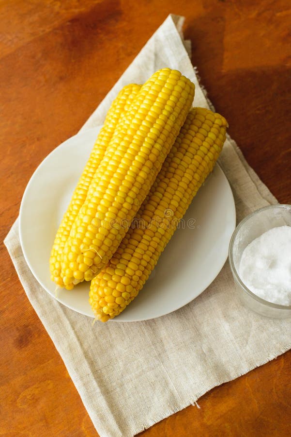 Rustic Concept Just Cooked Corn with Salt on Table Stock Photo - Image ...