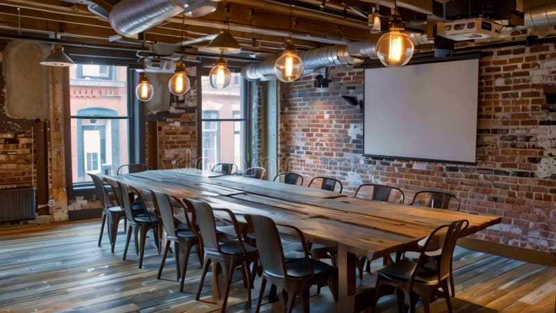 A Rustic Conference Room Featuring a Long Table, Chairs, and a ...