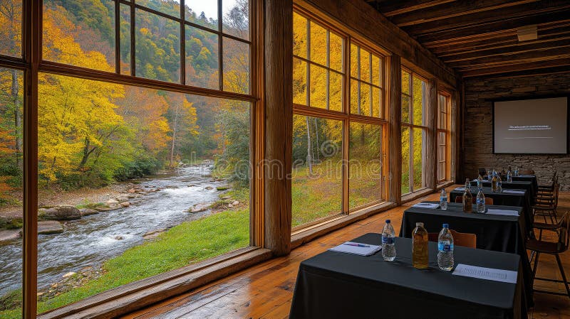 Rustic Conference Room with River View in Autumn Forest Setting Stock ...