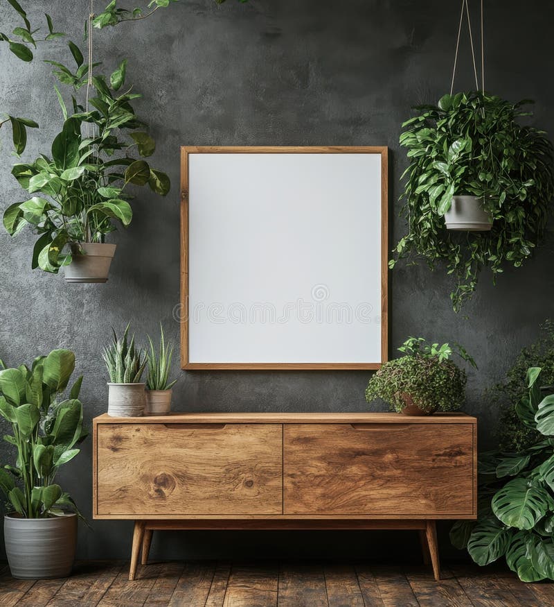 Rustic Console Table with Blank Frame and Lush Green Plants Stock ...