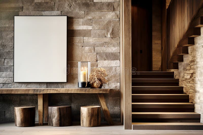 Rustic Console Table Near Stone Cladding Wall. Farmhouse Interior ...