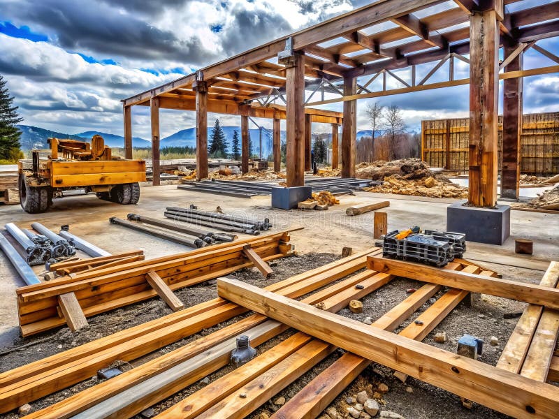 Rustic Construction Site a Detailed View of Framing Materials and Heavy ...