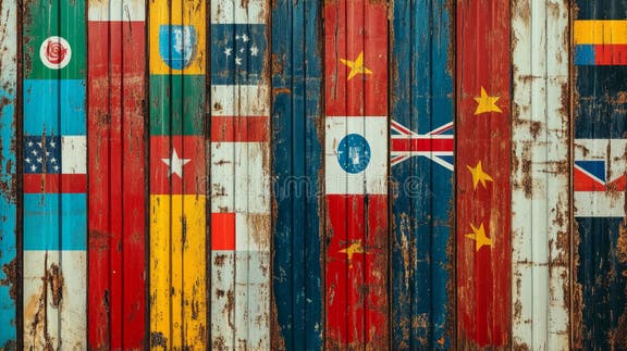 Rustic Container Ship Wall with Flags of Various Countries Stock ...