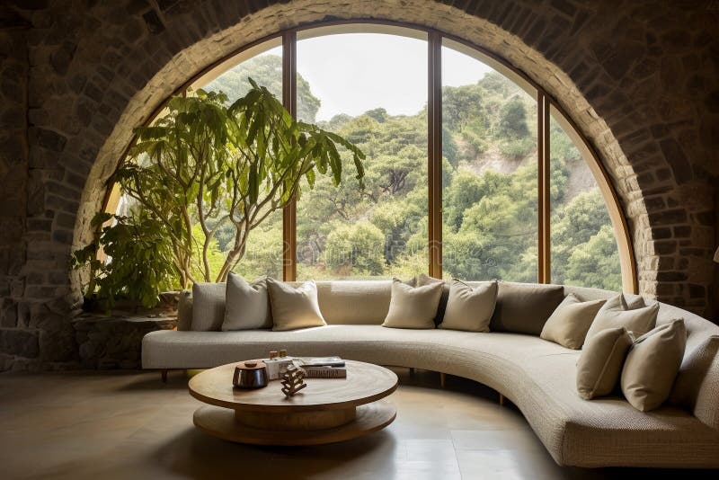 Rustic Continental Style Sitting Room with Large Curved Sofa and Coffee ...