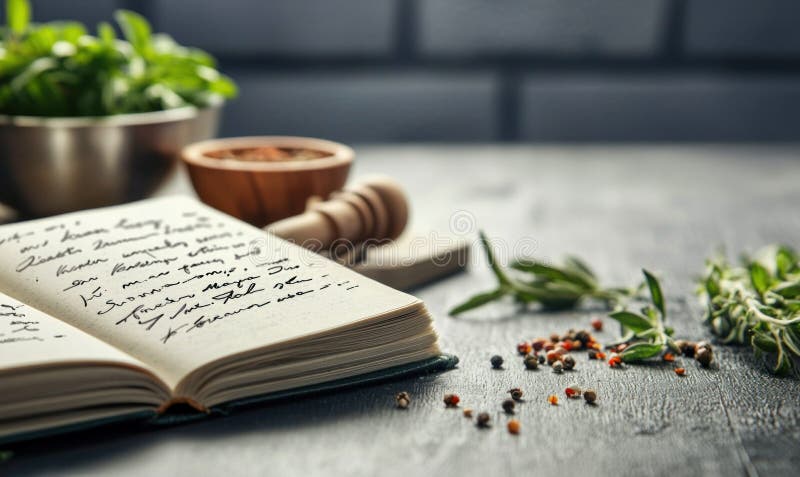 A Rustic Cookbook is Open Alongside Fresh Herbs, Spices, and Mortar ...