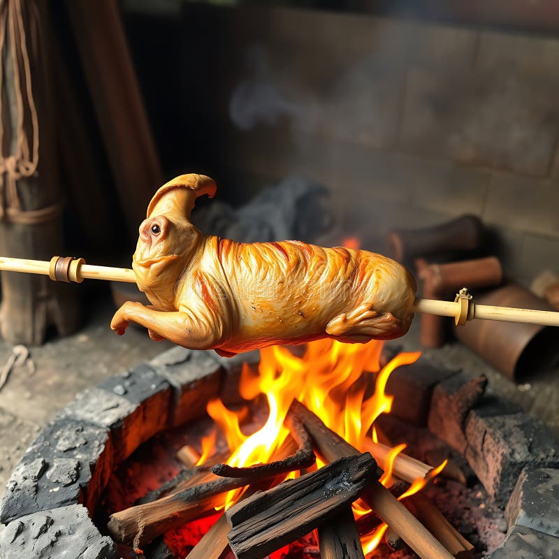 A Rustic Cooking Scene with a Fire Pit Roasting a Whole Lamb on a Spit ...