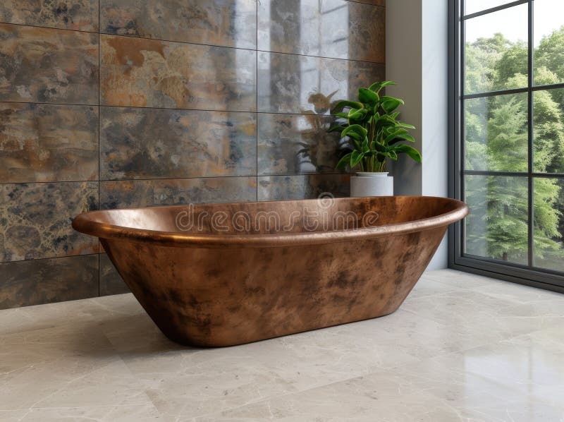 Rustic Copper Bathtub in Modern Bathroom Interior Stock Illustration ...