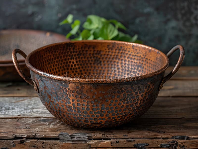 Rustic Copper Bowl with Intricate Texture on Wooden Table Stock Photo ...