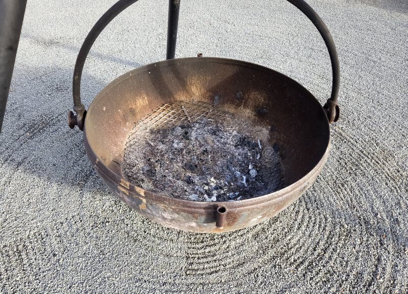 Rustic Copper Fire Pit with Logs and Wood Ash Stock Image - Image of ...