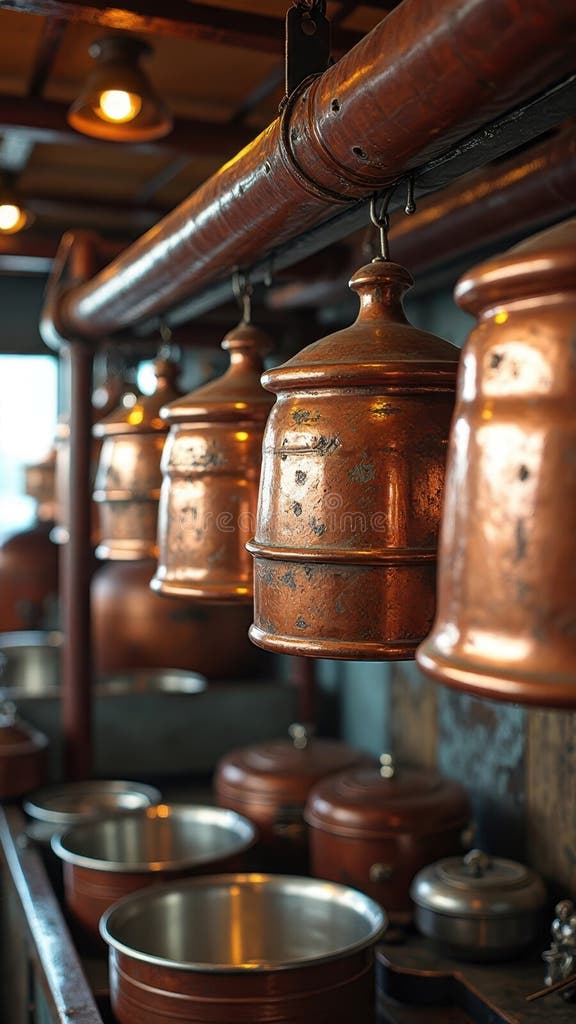 Rustic Copper Kettles in Traditional Kitchen Setting Stock Image ...