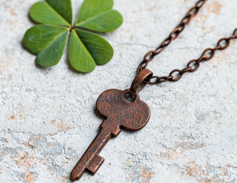 Rustic Copper Key Pendant with Four-leaf Clover Stock Illustration ...