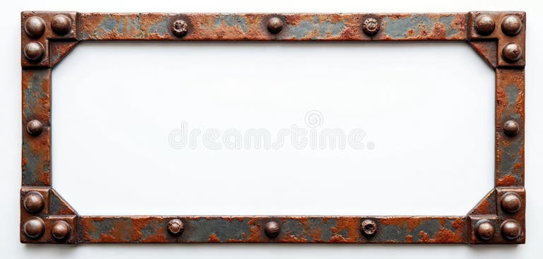 Rustic Corrosion Metal Frame with Steel Border and Rivets on White ...