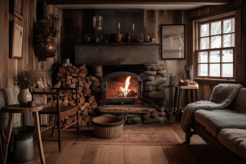 Rustic Cottage with Cozy Fireplace and Vintage Decor for Winter Stock ...