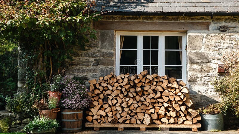 Rustic Cottage Firewood Stack Autumn Sunlight Stock Image - Image of ...