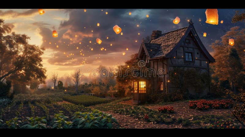 Rustic Cottage Glowing Lanterns Under Twilight Sky Stock Photos - Free ...