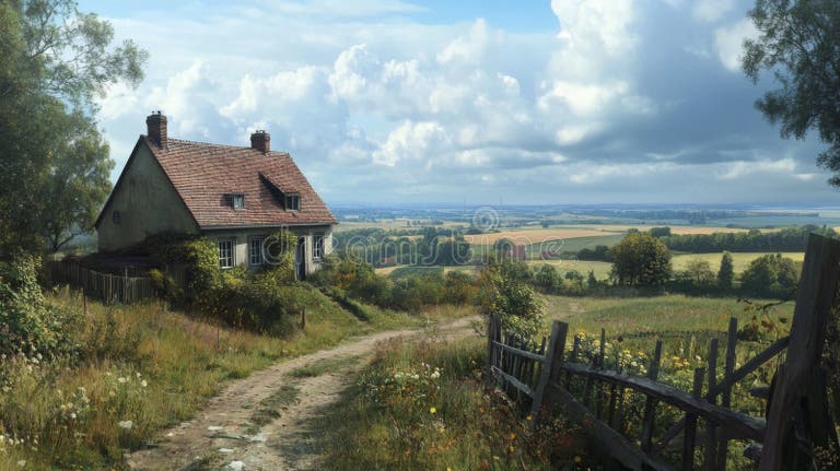 A Rustic Cottage on a Hillside Overlooking a Rural Landscape Stock ...
