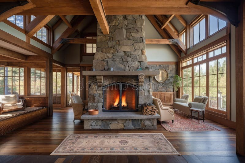 Rustic and Cottage-style Home with Cozy Fireplace and Plush Rug Stock ...