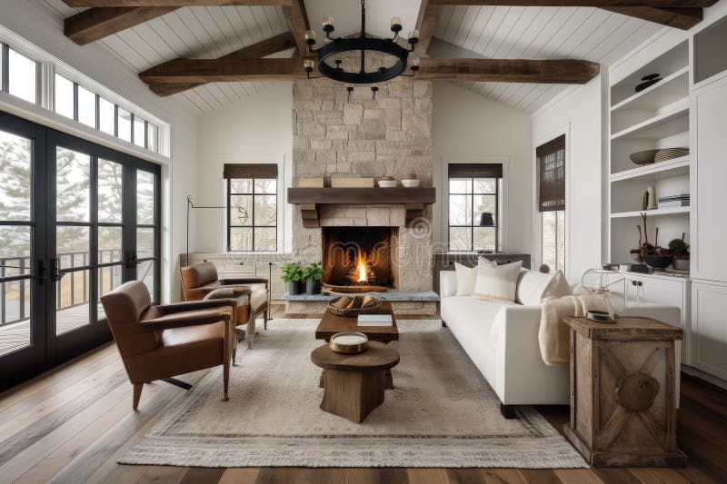Rustic and Cottage-style Home with Cozy Fireplace and Plush Rug Stock ...