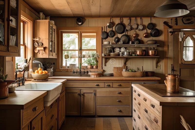 Rustic and Cottage-style Kitchen, with Cabinets in Warm Wood Tones and ...