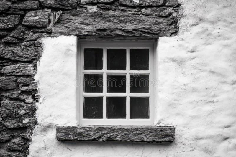 Rustic Cottage Window Framed by Stone Walls in Black and White Stock ...
