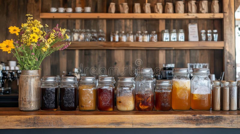 Rustic Countertop Display of Fermented Beverages and Spices in Glass ...