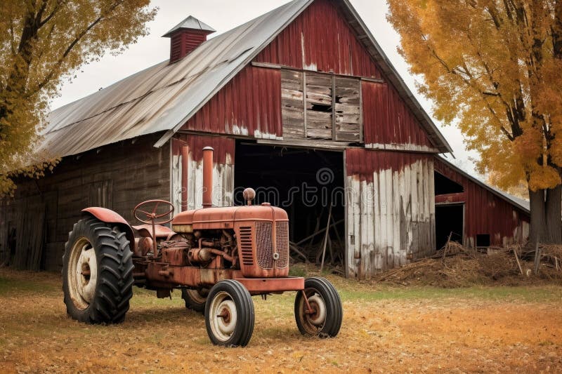 Rustic Country Barn with a Vintage Tractor Outside Stock Image - Image ...