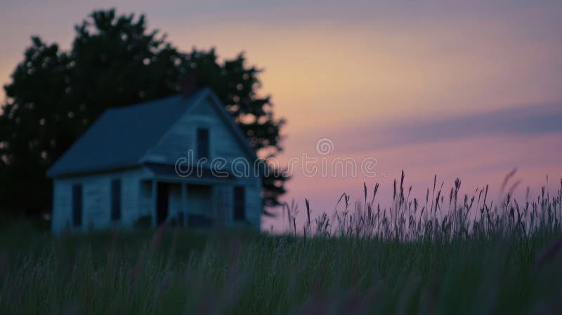 Rustic Country House at Sunset with Tall Grass and Silhouetted Trees in ...