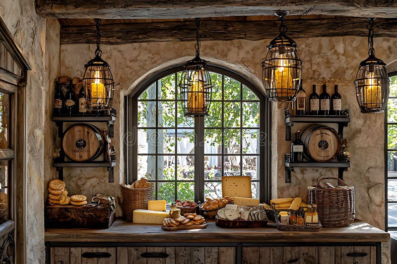 Rustic Country Kitchen Window Display with Cheese Bread and Wine a ...