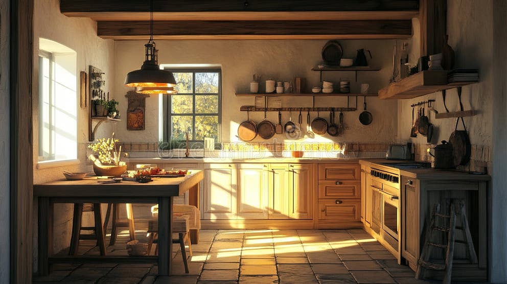 Rustic Country Kitchens with Warm Lighting. Stock Photo - Image of ...
