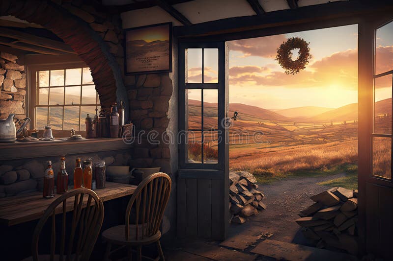 Rustic Country Pub with View of Sunset Over Fields and Hills Stock ...