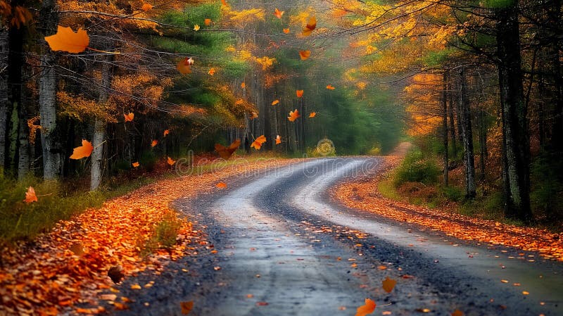 Rustic Country Road Winding through a Forest with Autumn Leaves Stock ...