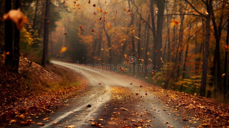 Rustic Country Road Winding through a Forest with Autumn Leaves Stock ...