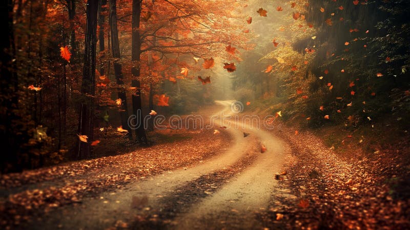 Rustic Country Road Winding through a Forest with Autumn Leaves Stock ...