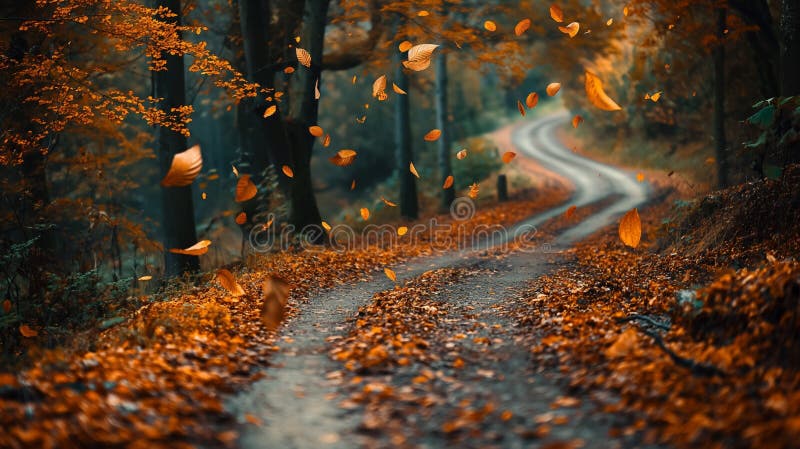 Rustic Country Road Winding through a Forest with Autumn Leaves Stock ...
